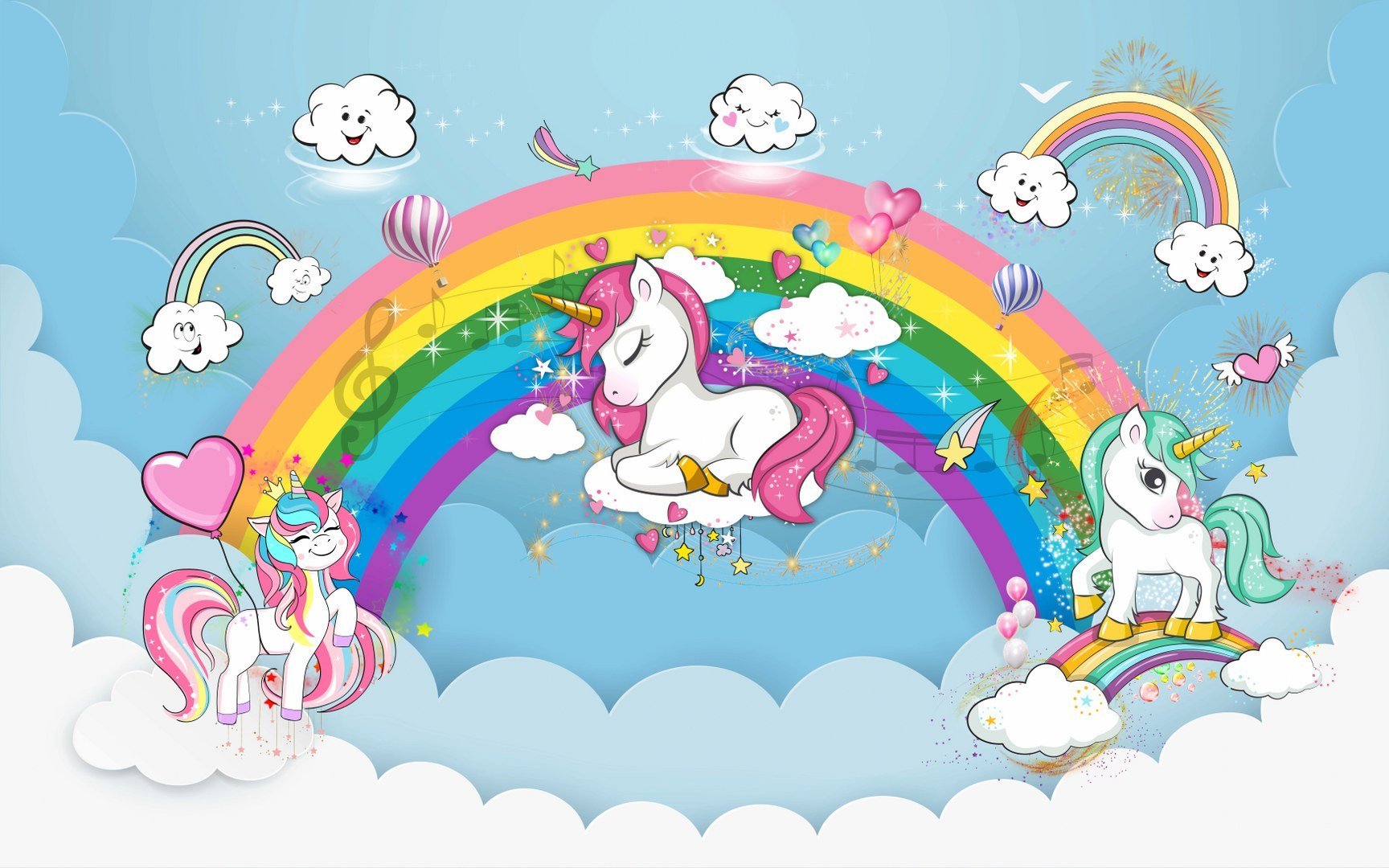 Gökkuşağı Bulutlar Sevimli Unicornlar Çocuk Duvar Kağıdı - Çocuk Odası